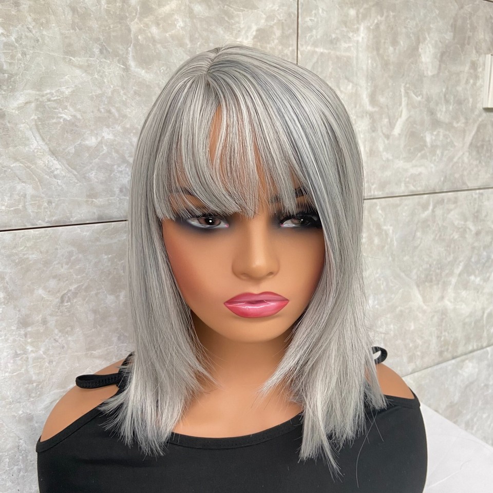 Medium Straight Silver Gray Mix Human Hair Blend Heat Ok Wigs Women ...