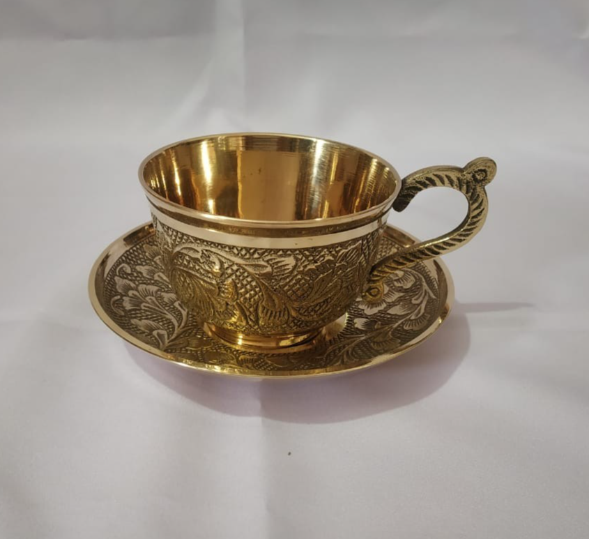 Pure Brass Cup & Saucer, Embossed Design Serving Tea Coffee Tableware ...