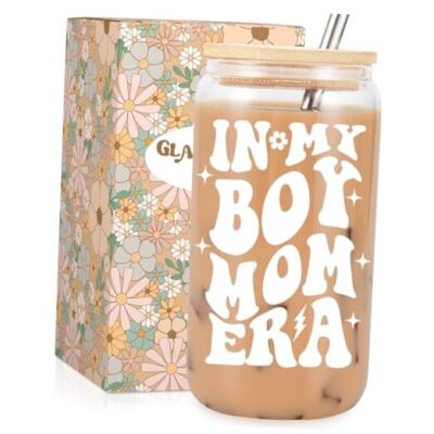 Boy Mom Iced Coffee Cup, Cute Boy Mom Gifts, 16 oz Coffee Glass Cups ...
