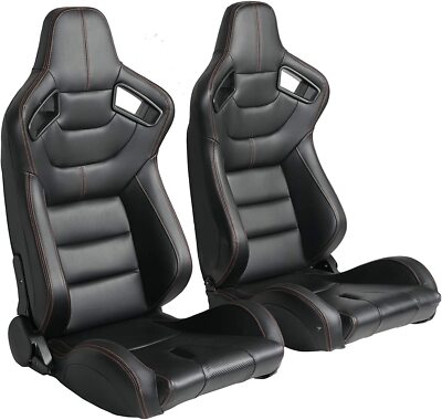 Universal Set of 2 Racing Seats Pair Black Leather Reclinable Bucket ...