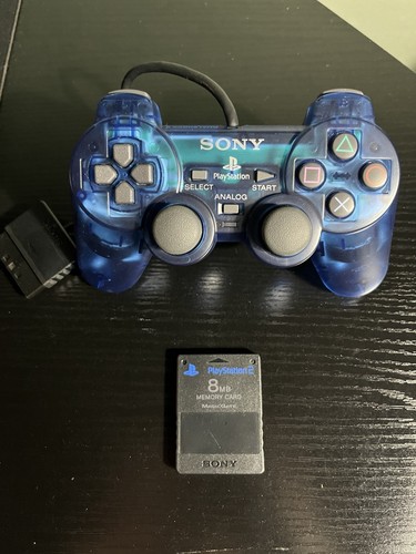 Ps2 Controller clear blue oem And black Memory Card Clean Tested And ...