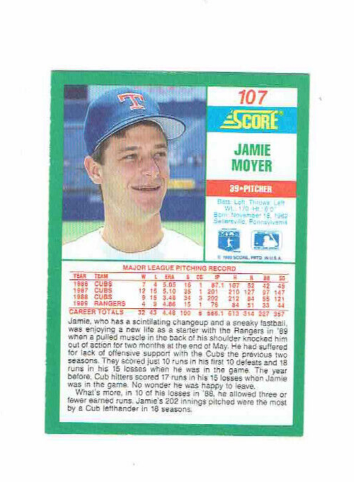 Jamie Moyer Rangers #39 Pitcher #107 Score 1990 Baseball Card | eBay