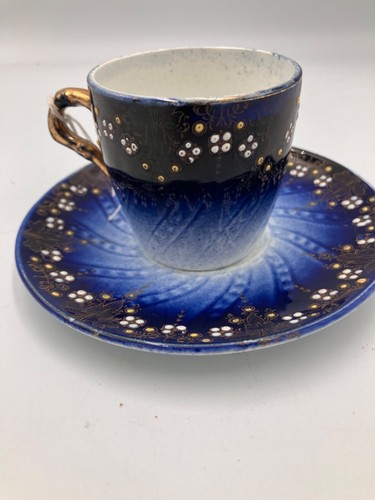 French cup & saucer coffee tea Luneville blue cobalt K&G enamel Vintage ...