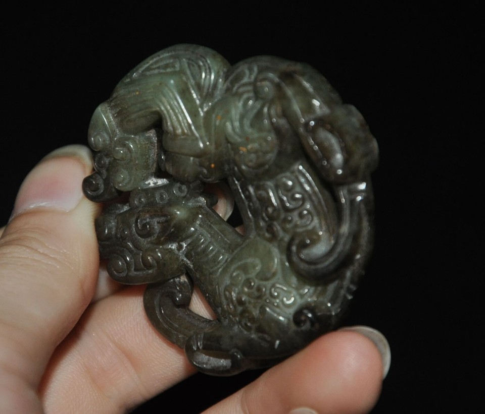 2" old China Old Jade Carved fengshui people ride dragon beast Talisman ...