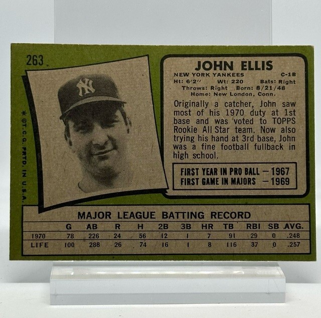1971 Topps John Ellis New York Yankees Card No.263 - Topps 1970 All ...