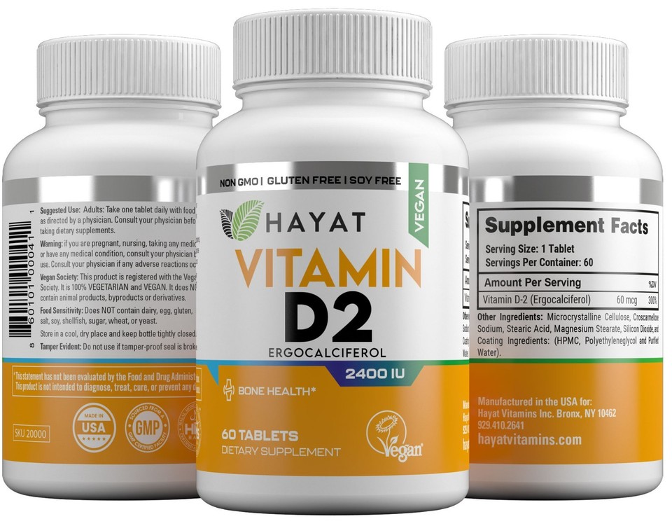 Hayat Vitamins Vegan Natural Vitamin D 2400 IU, D2, Certified Halal, 60 ...