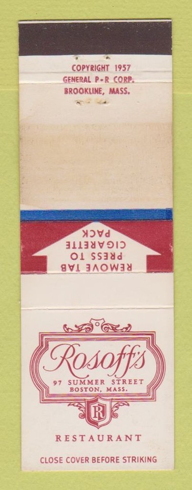 Matchbook Cover - Rosoff's Boston MA Restaurant | eBay