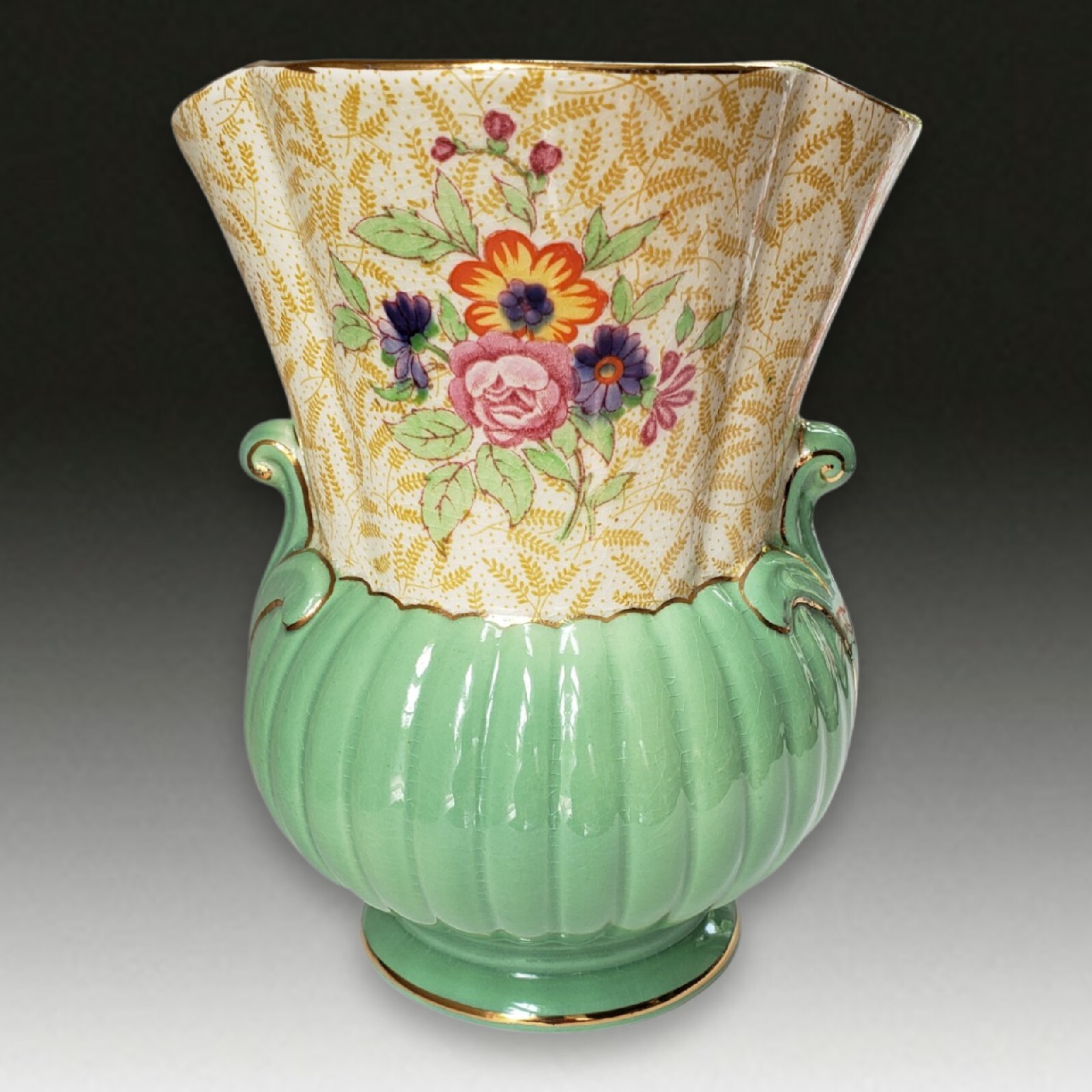 Antique Crown Devon Fieldings England Pottery Green and Gold Floral ...