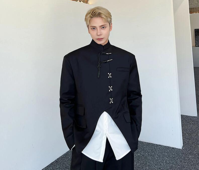Men's Fashion Chinese Style Stand Collar Long Sleeve Loose Asymmetrical ...