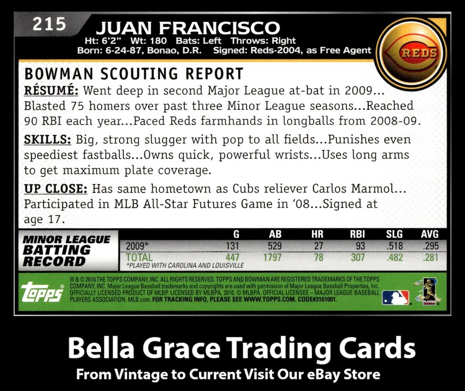 2010 Topps Bowman Juan Francisco #215 Cincinnati Reds Rookie MLB ...