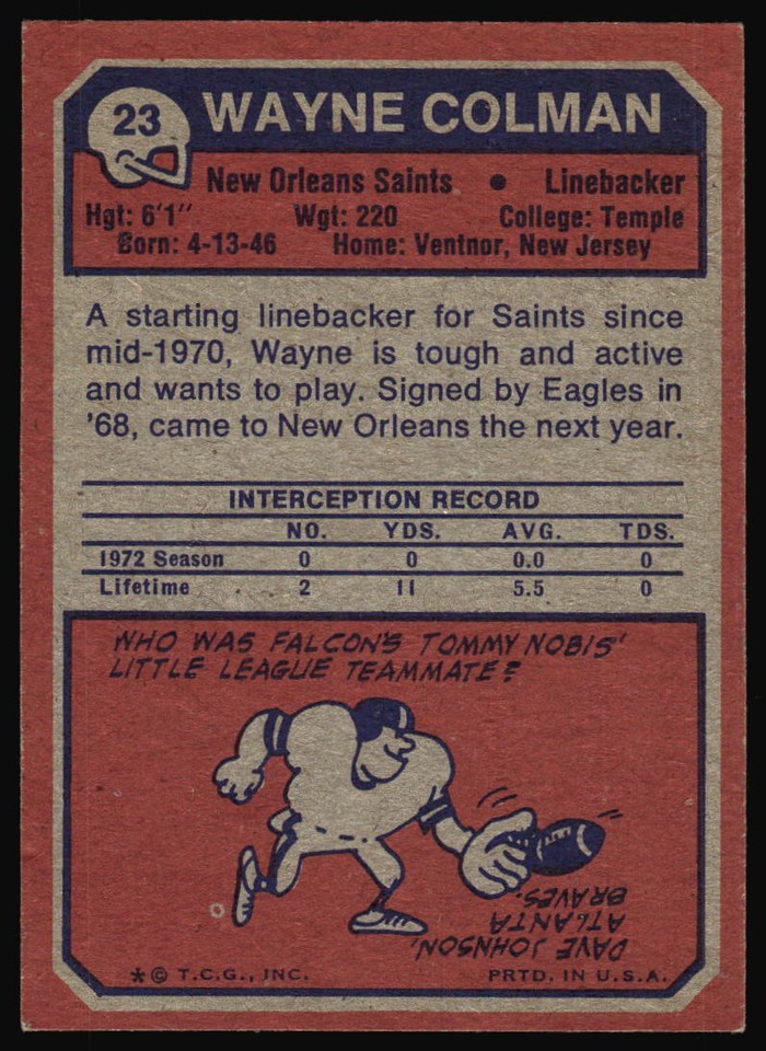 1973 Topps Wayne Colman Rookie #23 New Orleans Saints | eBay