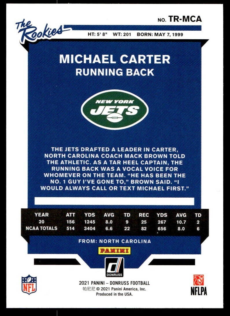 2021 Donruss The Rookies Michael Carter Rookie G9 New York Jets #TR-MCA | eBay