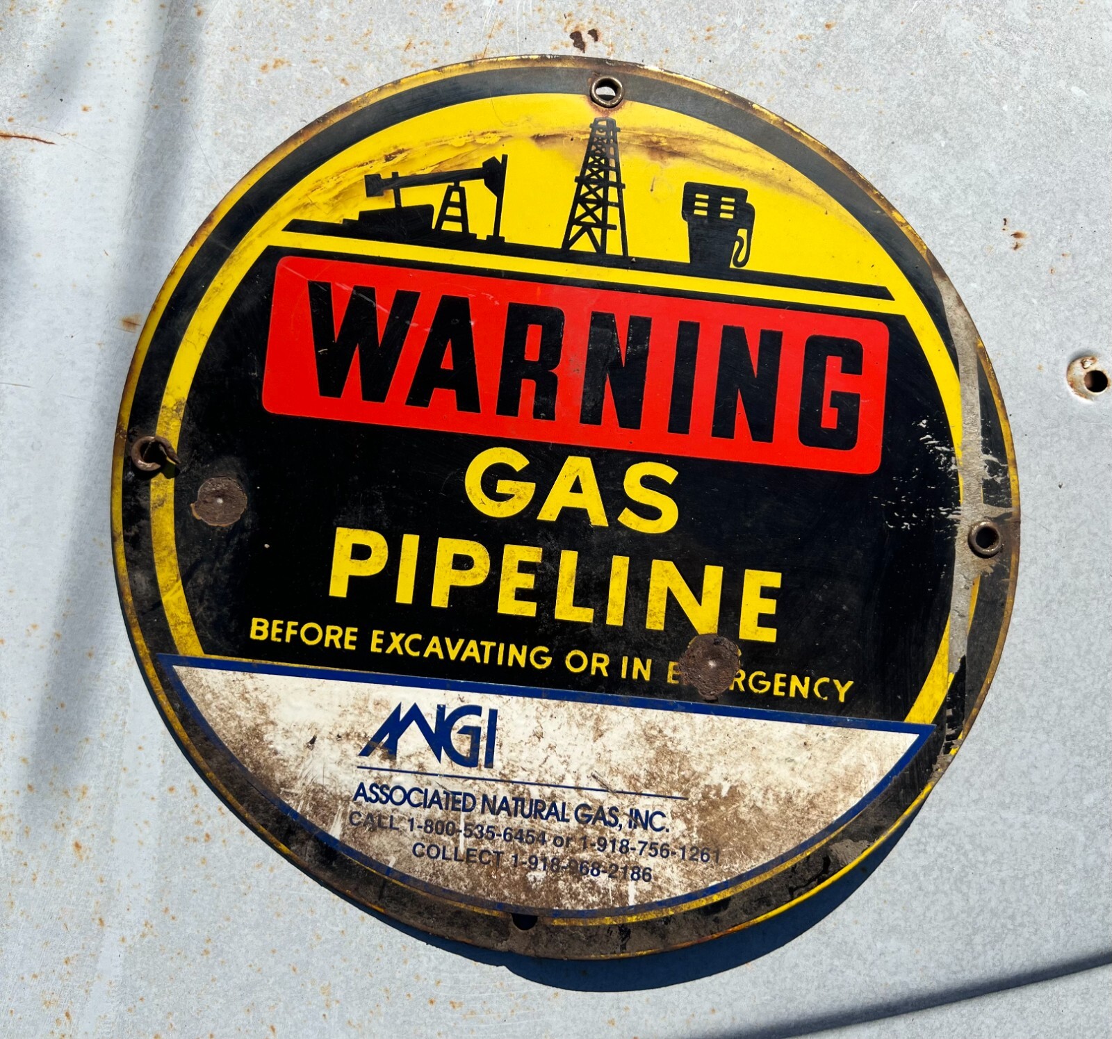 Vintage Warning Natural Gas Pipeline Metal Sign 12" Round Associated ...