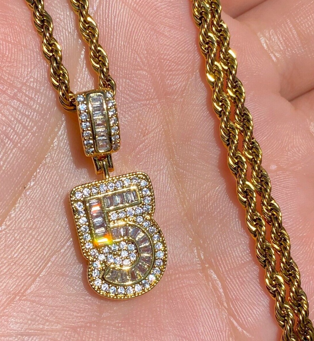 Lucky Number 5 Pendant Necklace Men's Women's Icy Gold icy Charm Rope ...
