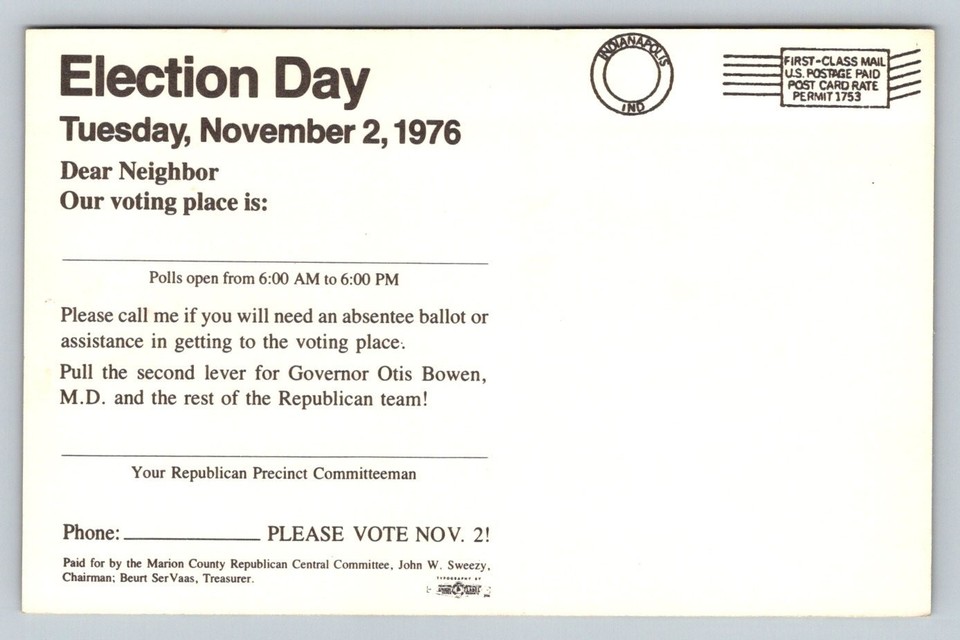 1976 Otis Bowen Indiana Governor Election Day Republican Campaign ...