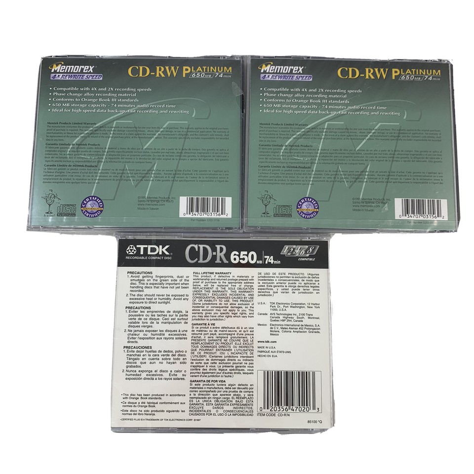 Memorex CD-RW Platinum 650 mb 74 minutes & TDK CD-R w/ Cases Mix Lot of ...