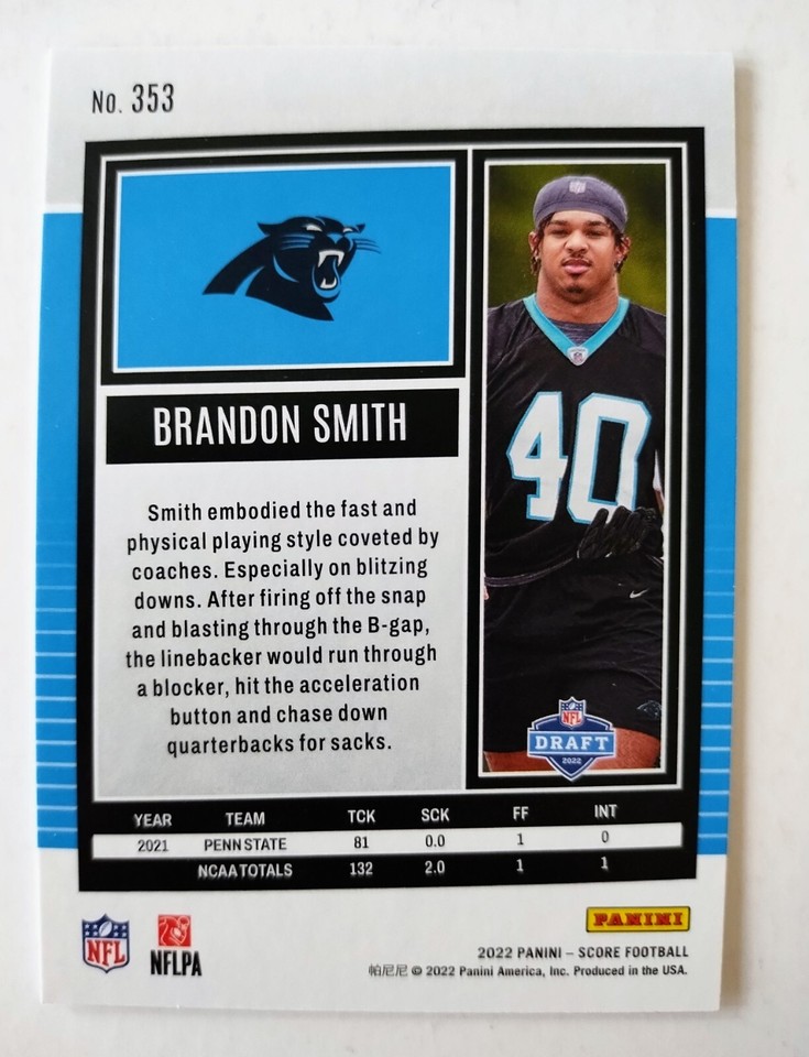 2022 Panini Score Football #353 Brandon Smith Carolina Panthers Rookie ...