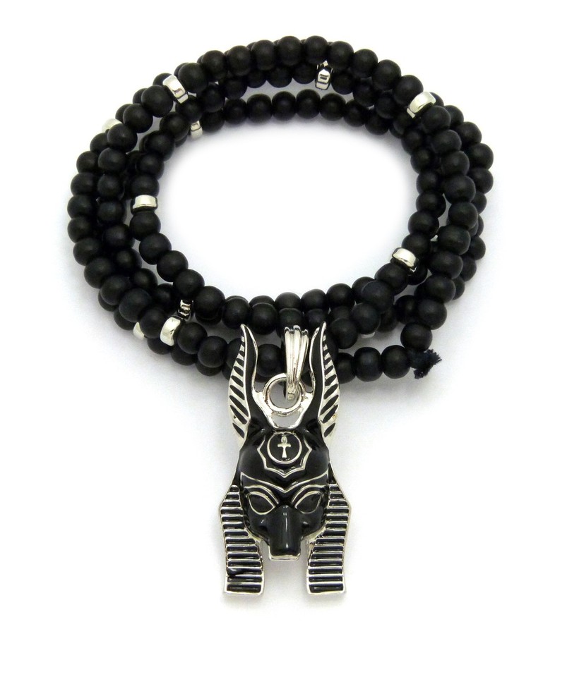 NEW EGYPTIAN ANUBIS HEAD PENDANT & 30" WOOD BEAD CHAIN HIP HOP NECKLACE ...