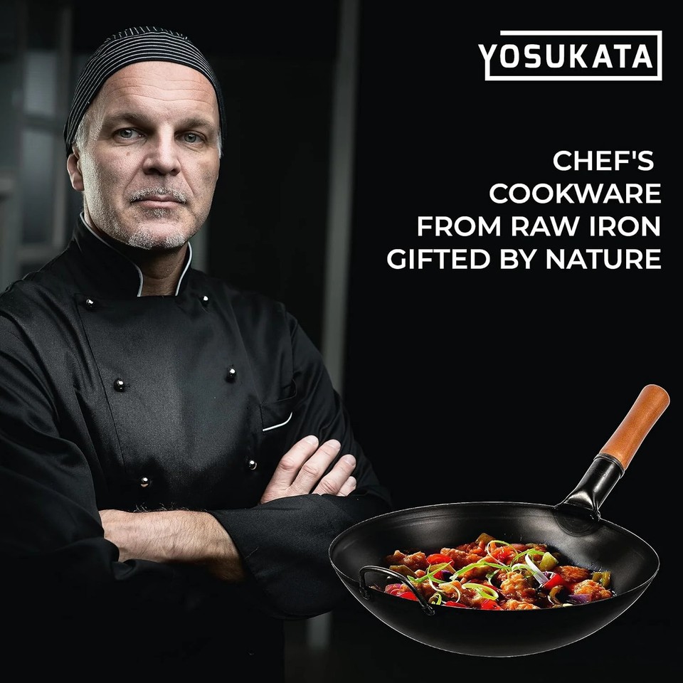 NEW YOSUKATA 36cm Carbon Steel Wok Round Bottom Pre-Seasoned Kitchen ...