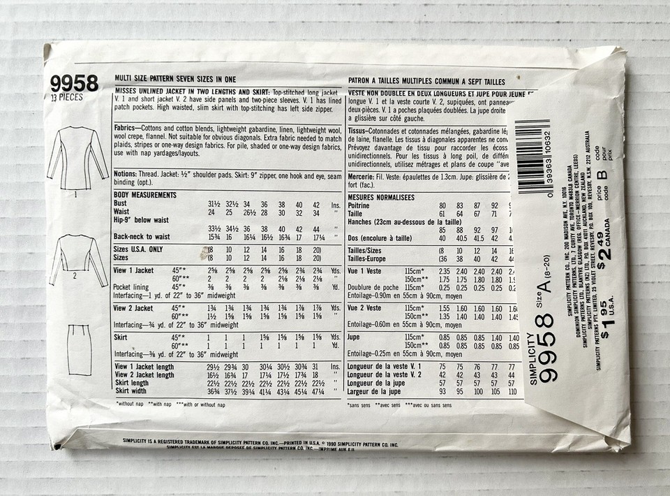 Simplicity Pattern 9958 Miss Size 8-20 Unlined Jacket & Skirt Vtg 1990 ...