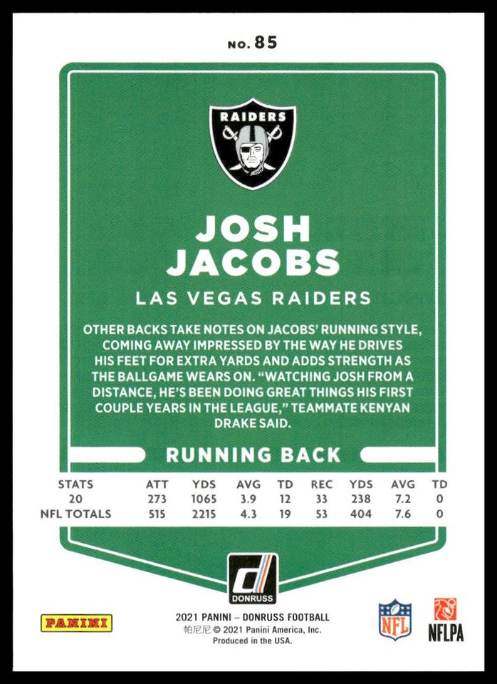 2021 Donruss #85b Josh Jacobs No Helmet Las Vegas Raiders | eBay
