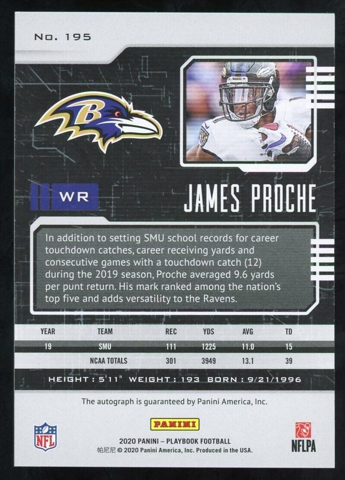 2020 Panini Playbook James Proche Rookie Auto Baltimore Ravens RC ...