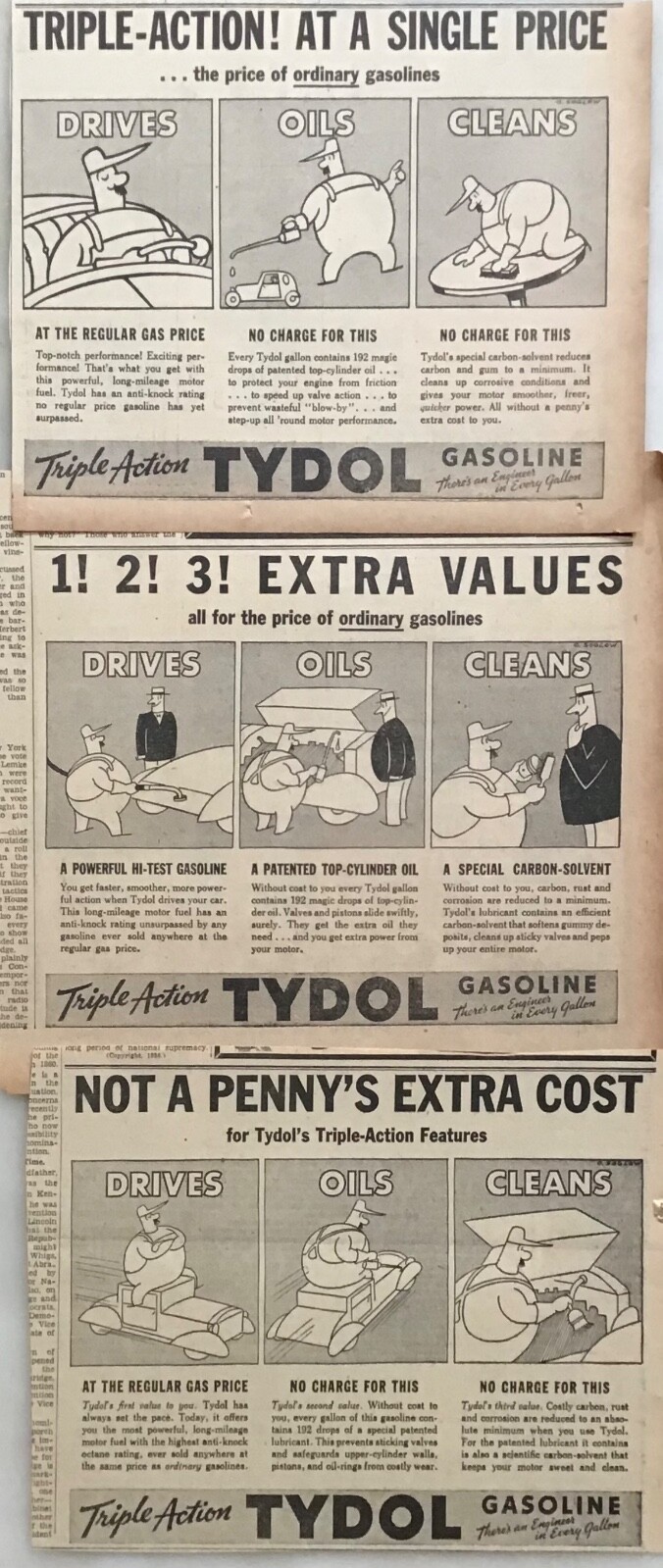 Three 1936 newspaper ads for Tydol Gasoline - 1-2-3 Extra Value, Triple ...