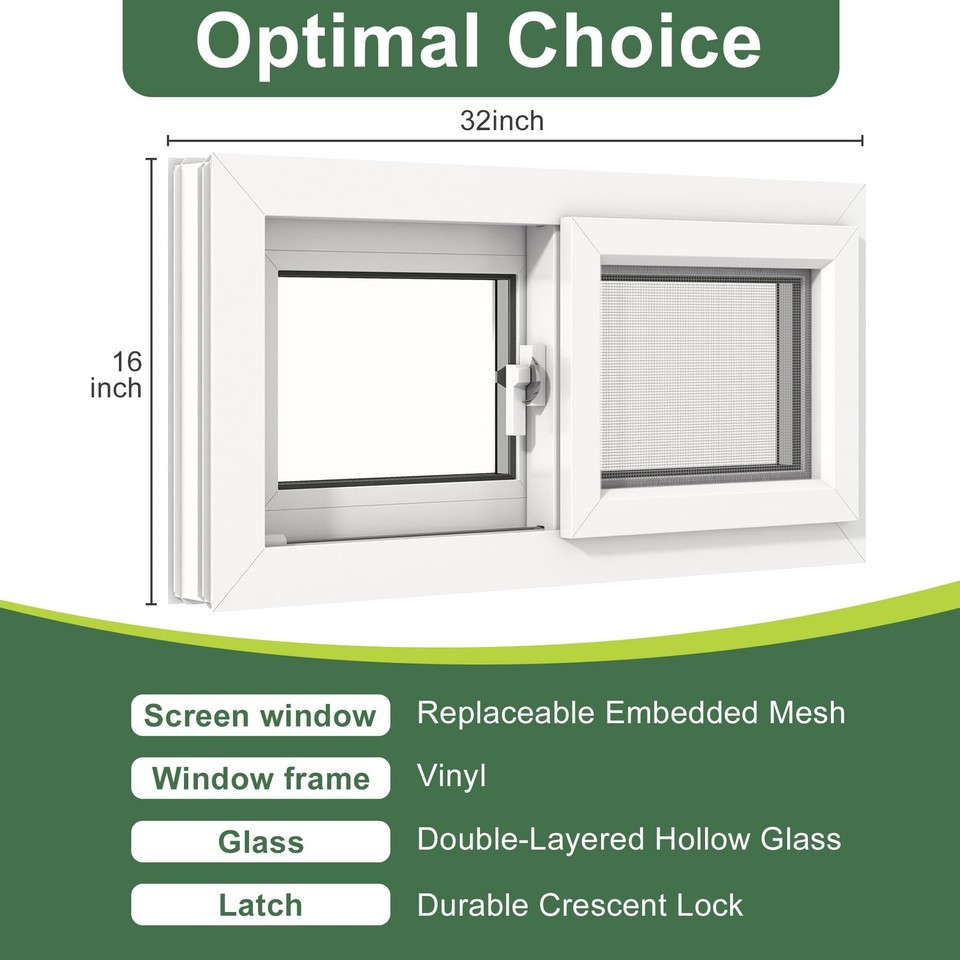 Basement Slider Window 32" x 16" Vinyl Basement Window,Featuring Double ...