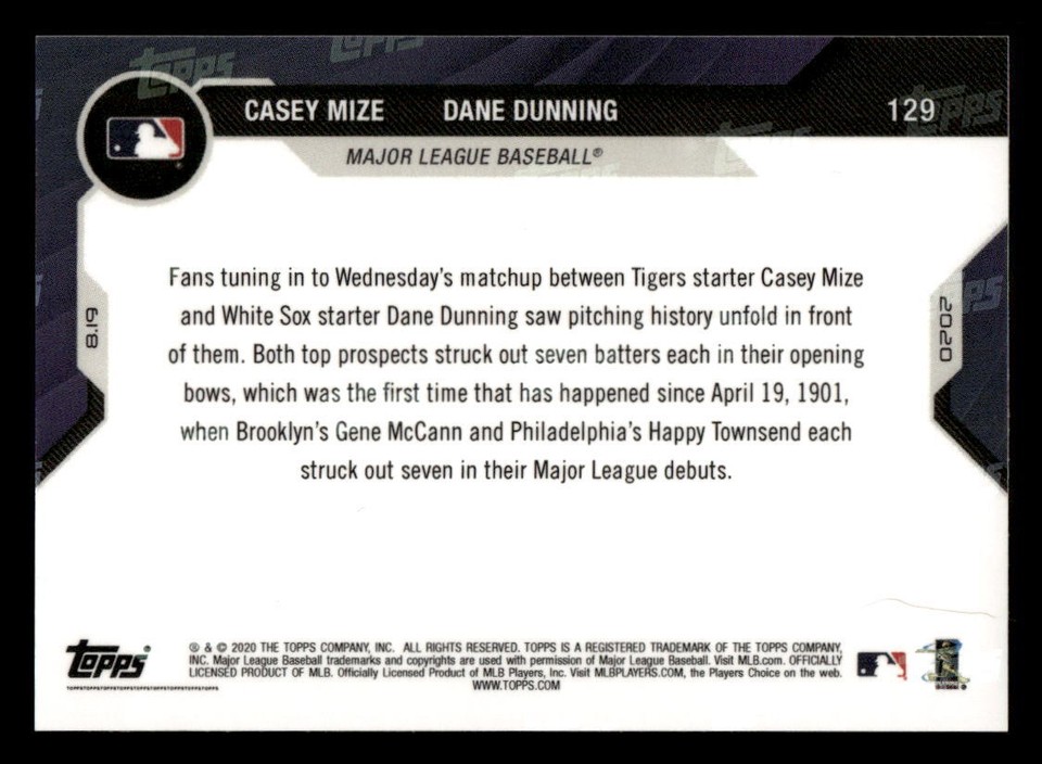 Casey Mize / Dane Dunning PR759 2020 Topps Now #129 | eBay