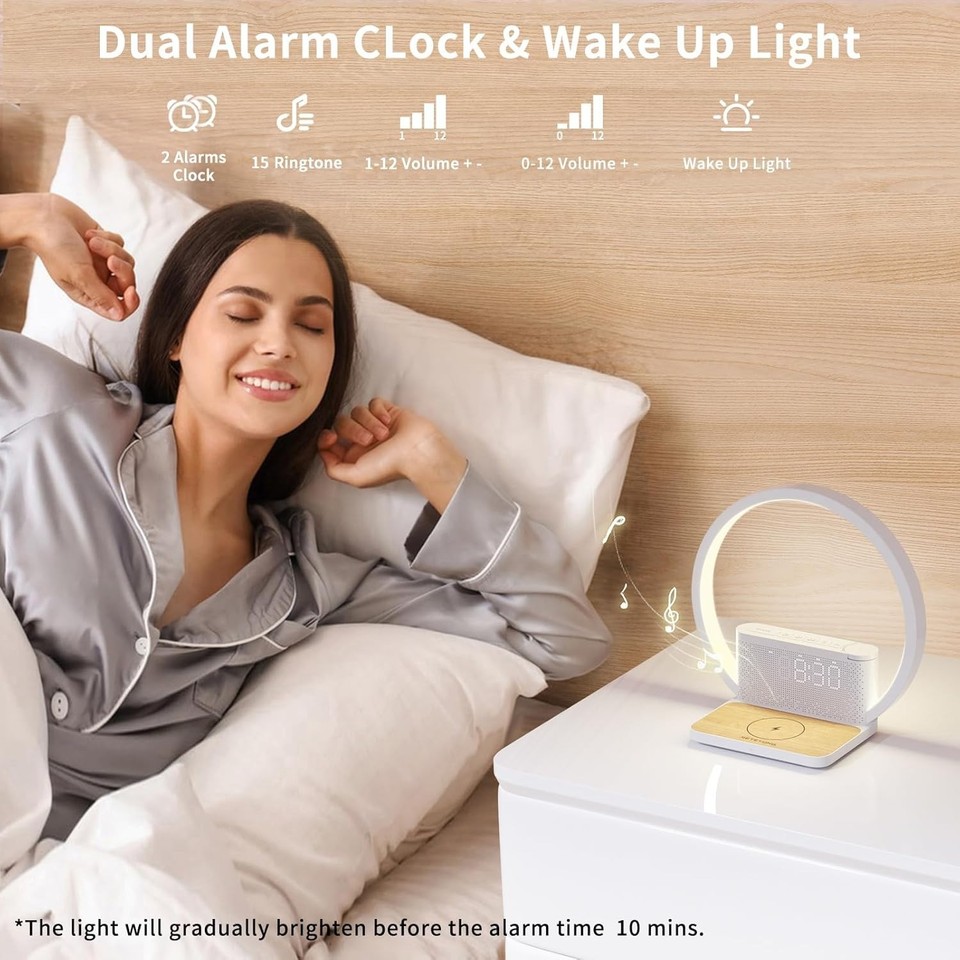 Sunrise Lamp with 10W Wireless Charger, Night Light with 2 Alarm Clocks ...