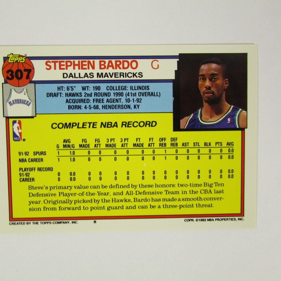 Basketball Steve Bardo NBA Card (Dallas Mavericks) 1992-93 Topps #307 ...