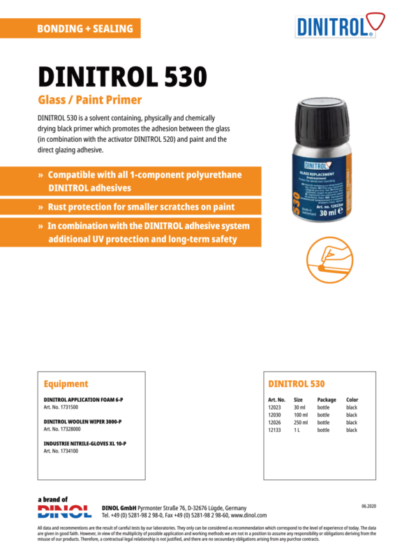 DINITROL 530 WINDSCREEN FITTING ADHESIVE GLUE 30MLl BLACK PRIMER GLASS ...