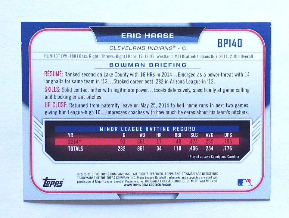 2015 Bowman 1st Eric Haase Ice Parallel #bp140 Guardians Rookie | eBay