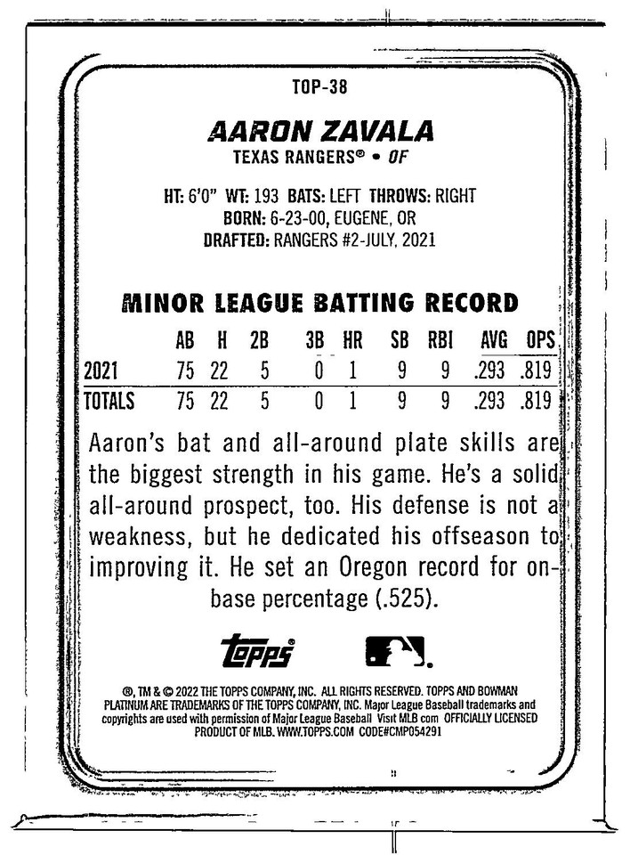 2022 Bowman Platinum #TOP-38 Aaron Zavala PROSPECTS Texas Rangers | eBay