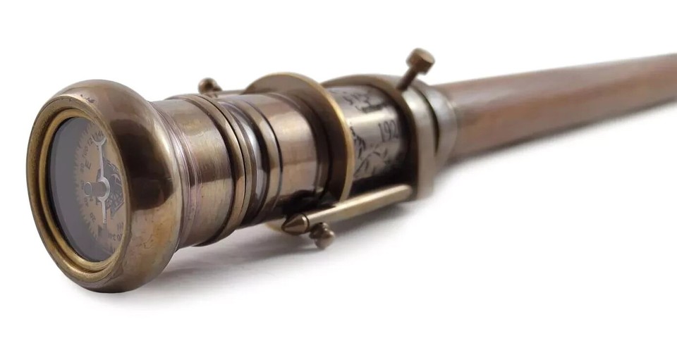 Vintage Brass Telescope Top Wood Walking Stick Cane Compass Antique ...