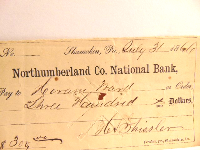 old 1866 Northumberland County (PA) National Bank cancelled check w ...