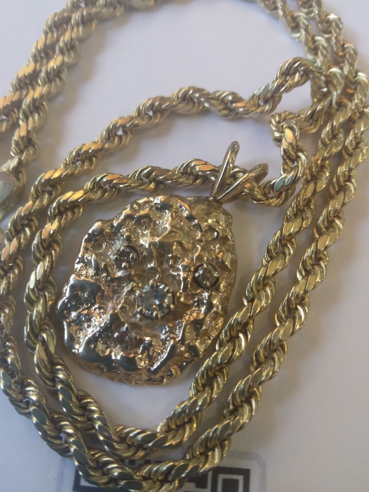 14k Yellow Gold Rope Chain & NUGGET Pendant 4 Round Diamonds ...