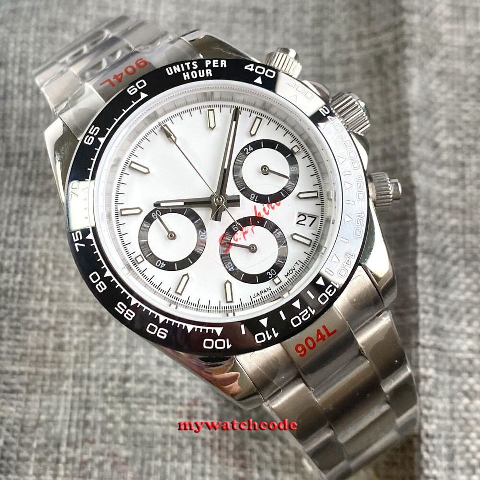 39mm Bliger White Dial Sapphire Glass VK63 full Chronograph quartz mens ...