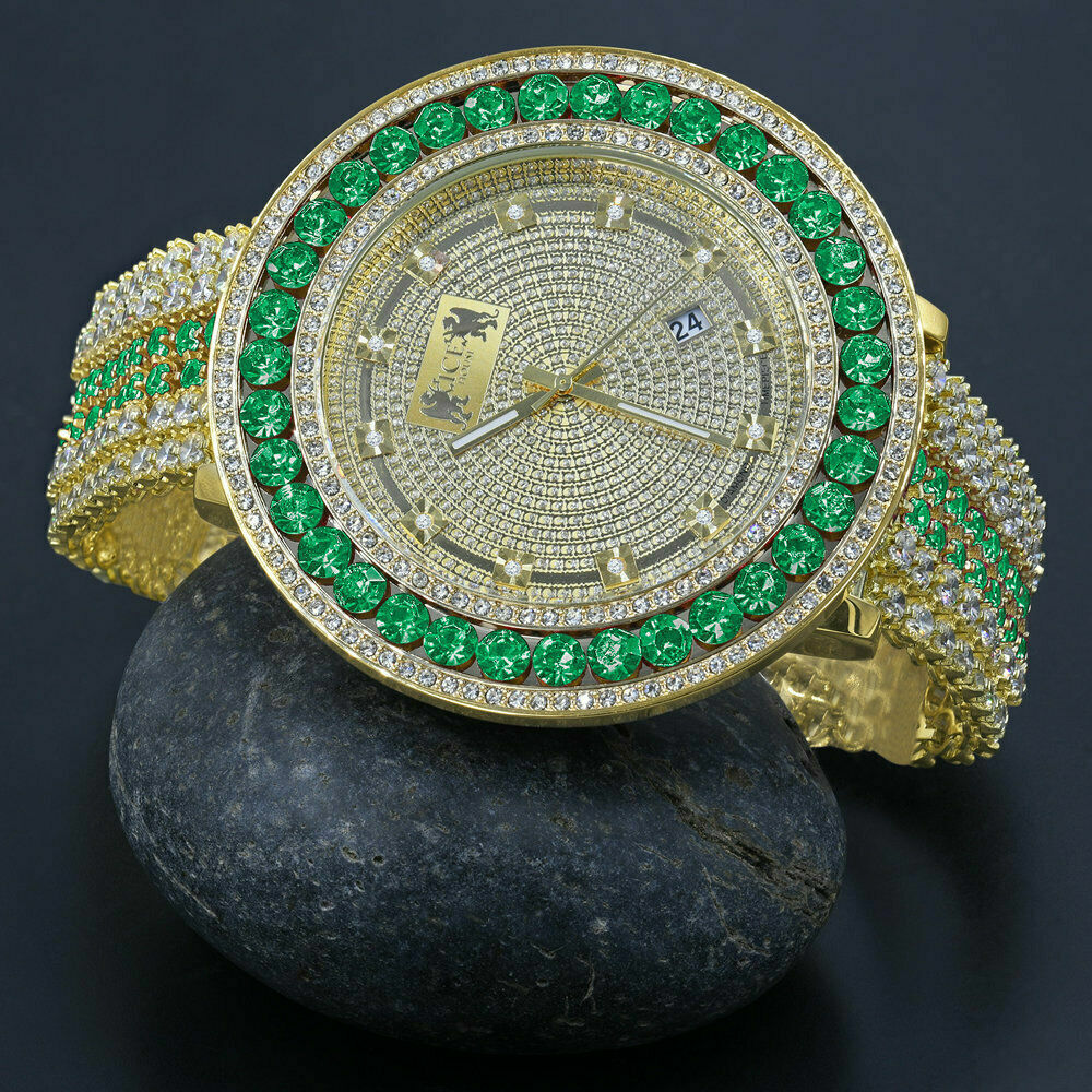 Real Diamond Dial Mens Custom Watch Emerald Green 18K Yellow Gold ...
