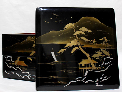 Japanese Lacquer Ware Wood Box Landscape Makie Jyubako Vintage | eBay
