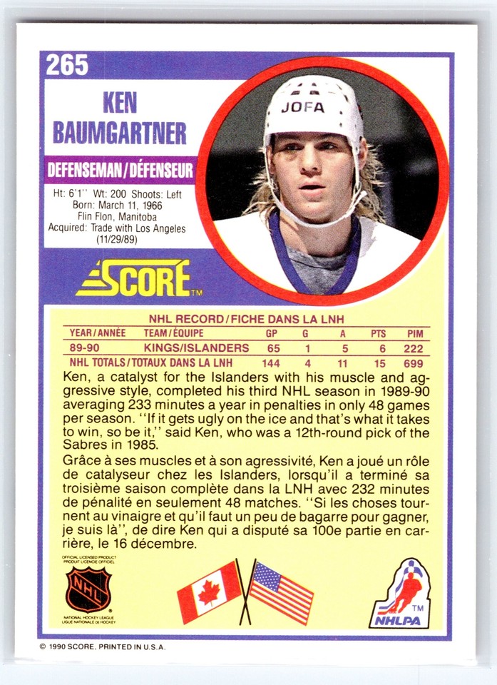 1990 Score Canadian #265 Ken Baumgartner Hockey New York Islanders ...