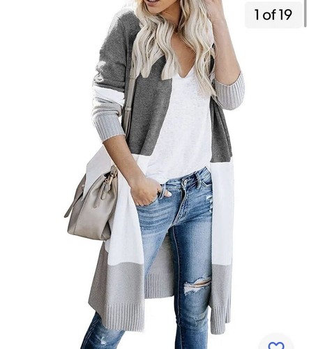 CARDYDONY Women's Medium Long Open Front Color Block Cardigan Knit ...
