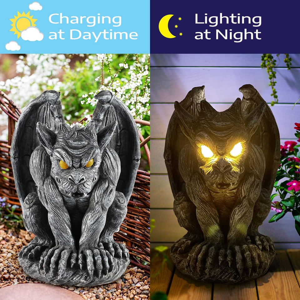 Large Winged Gargoyle Statue with Solar Lights Outdoor Decor, Sitting ...