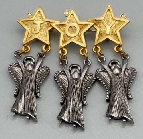 LC Signed Silvertone Angels Holding Goldtone JOY Stars Dangle Pin ...