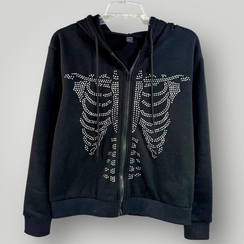 SHEIN Black Rhinestone Skeleton Zip Up Hoodie Sz S | eBay