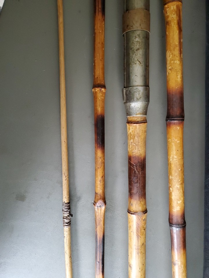 Vintage Bamboo Cane Pole Fishing Rod 4 Piece 12Ft with Eyelets and Wood ...