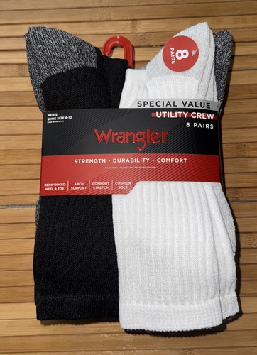 Wrangler Men's Utility Crew 8 Pair Work Socks Size 6-12 New Black/White ...