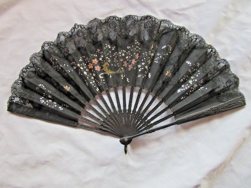 Antique Hand Fan 1920 Painted FLowers On Black Gauze,Carved Black Wood ...