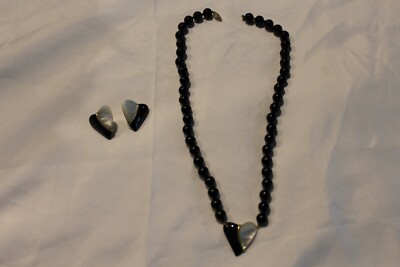 14k Y/Gold Heart Shaped Onyx Mop Pendant Necklace 16"L, Earrings 1"L ...