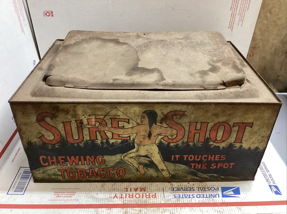 Antique Sure Shot Tin Tobacco advertising Cigar Humidor Primitive ...